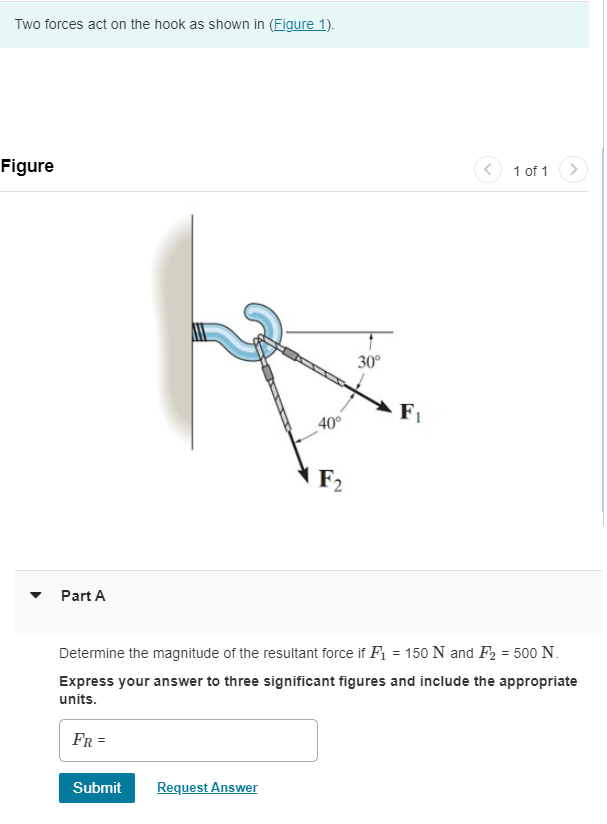Solved Two forces act on the hook as shown in (Figure | Chegg.com