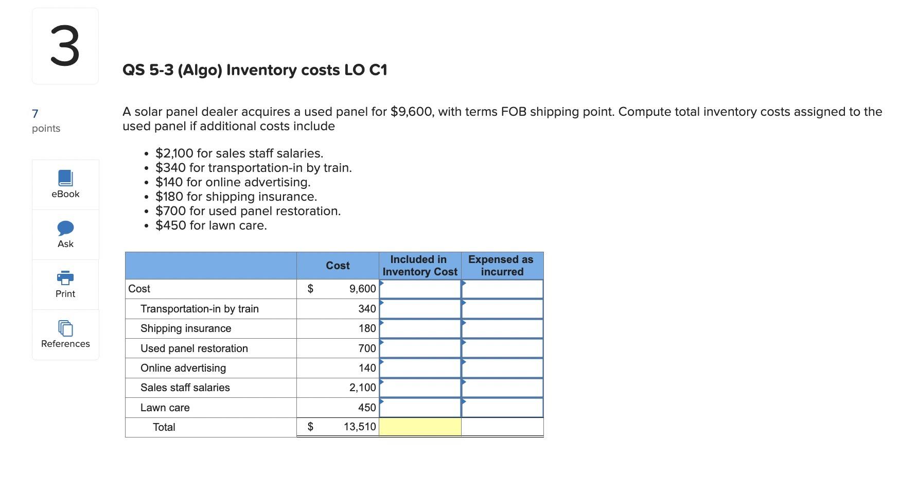 Solved QS 5-3 (Algo) Inventory costs LO C1 A solar panel | Chegg.com