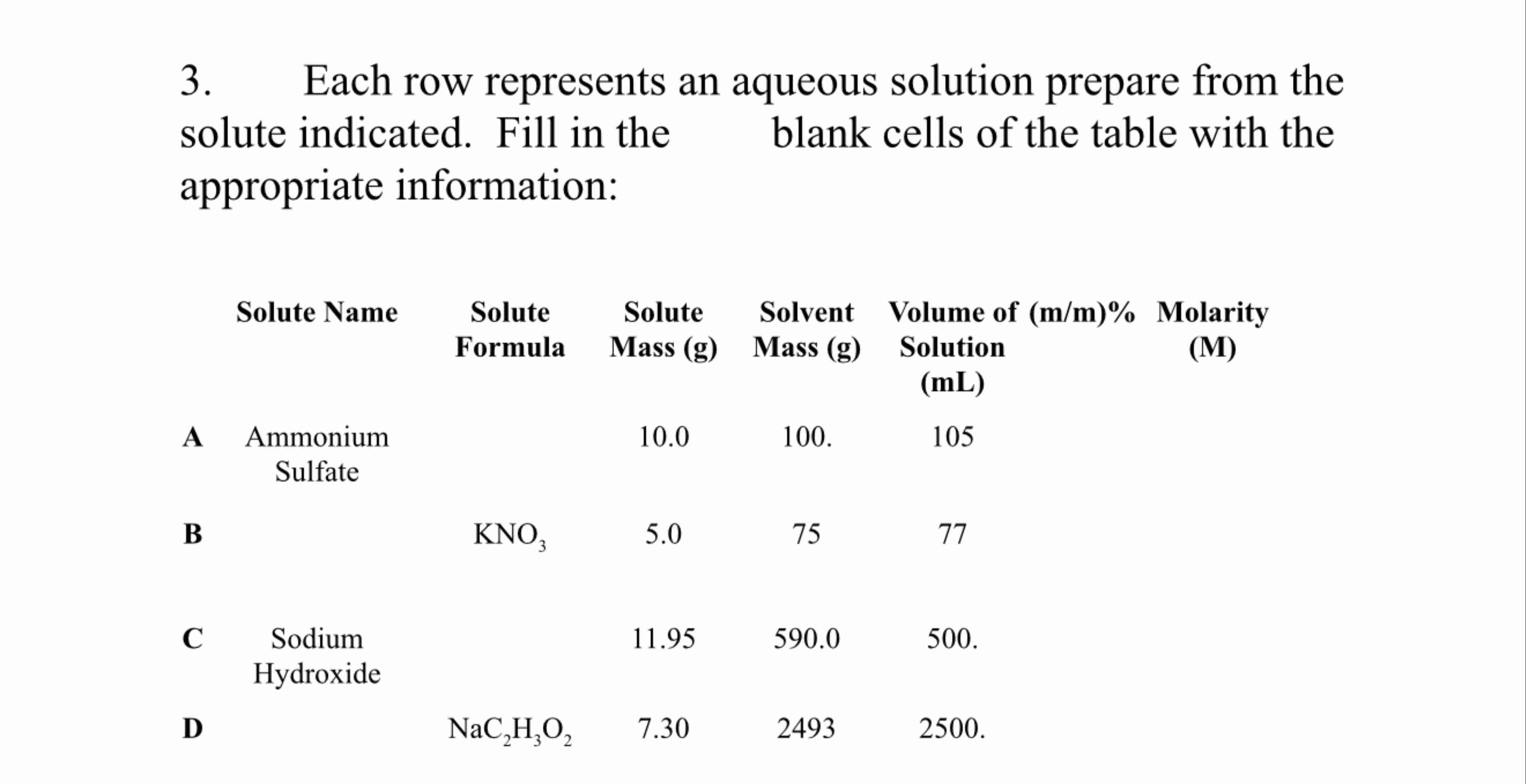 Solved by an EXPERT 3. ﻿Each row represents an aqueous solution prepare ...
