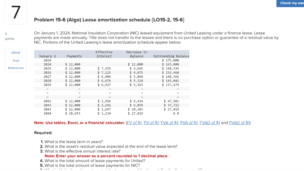 Solved Problem 15 6 Algo Lease Amortization Schedule Chegg