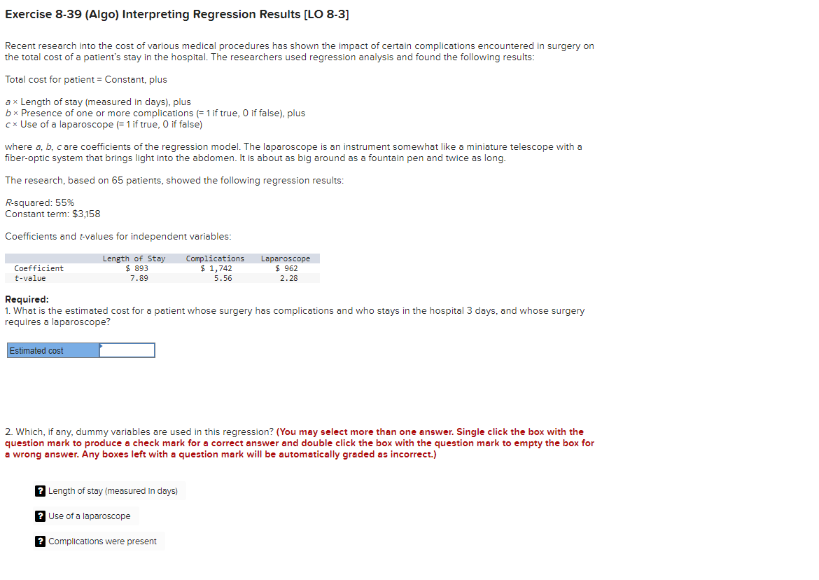 Solved Exercise 8-39 (Algo) Interpreting Regression Results | Chegg.com