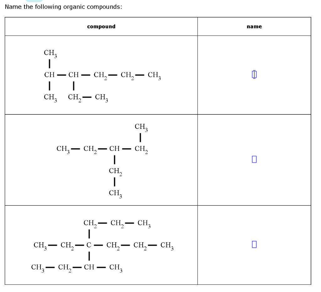 Solved Name the following organic compounds: compound name | Chegg.com