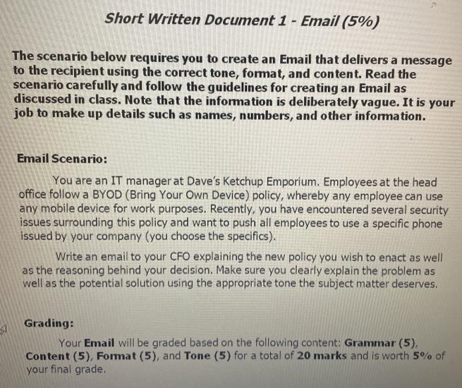 Solved Short Written Document 1 - Email (5\%) The scenario | Chegg.com