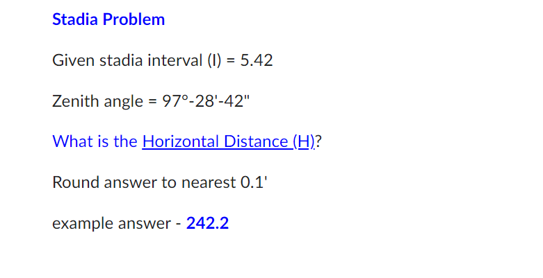 Solved Stadia Problem Given stadia interval (I) = 5.42 | Chegg.com