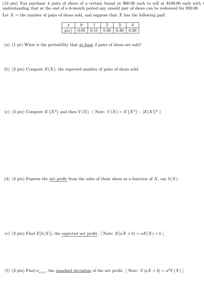 Solved (13 pts) You purchase 4 pairs of shoes of a certain | Chegg.com