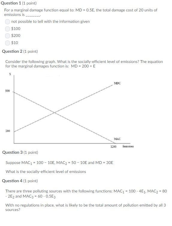 Solved Question 1 (1 point) 0.5E, the total damage cost of | Chegg.com