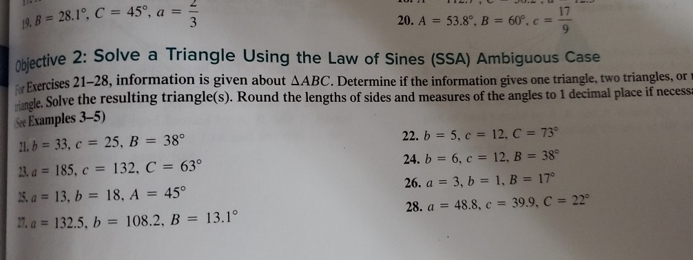 Solved 19. B= 28.1°, C = 45°, a = 17 20. A = 53.80, B 60, c | Chegg.com