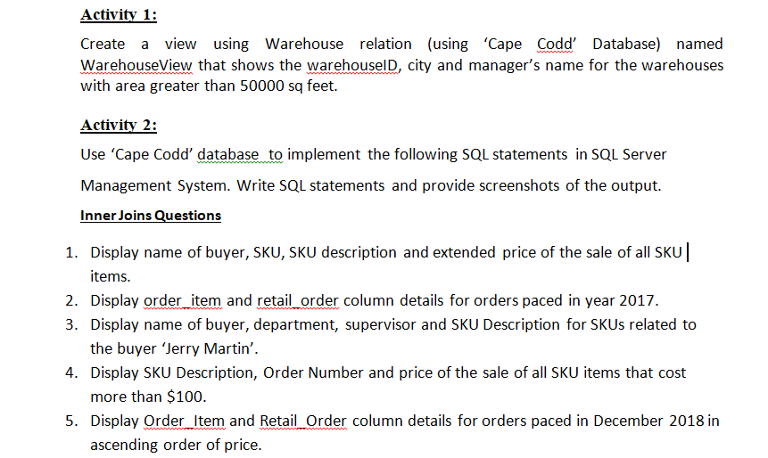 Solved Activity 1: Create a view using Warehouse relation | Chegg.com