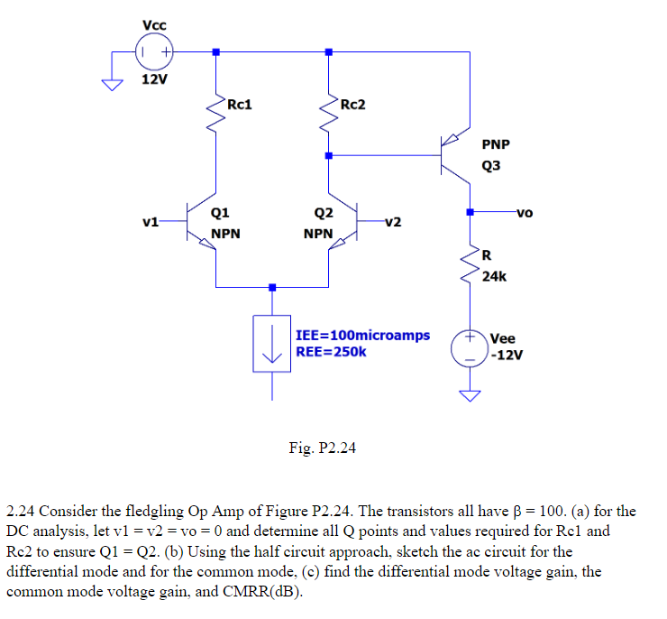 Vcc (1+) 12V v1- Rc1 Q1 NPN Q2 NPN Rc2 v2 | Chegg.com
