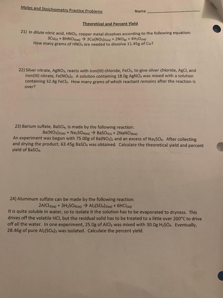 Solved Moles and Stoichiometry Practice Problems Name | Chegg.com