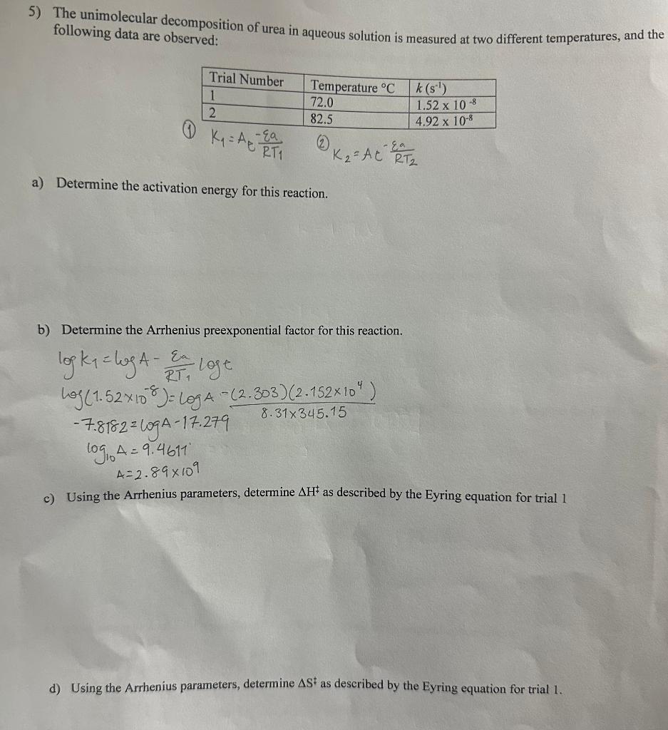 Solved 5 The Unimolecular Decomposition Of Urea In Aqueous