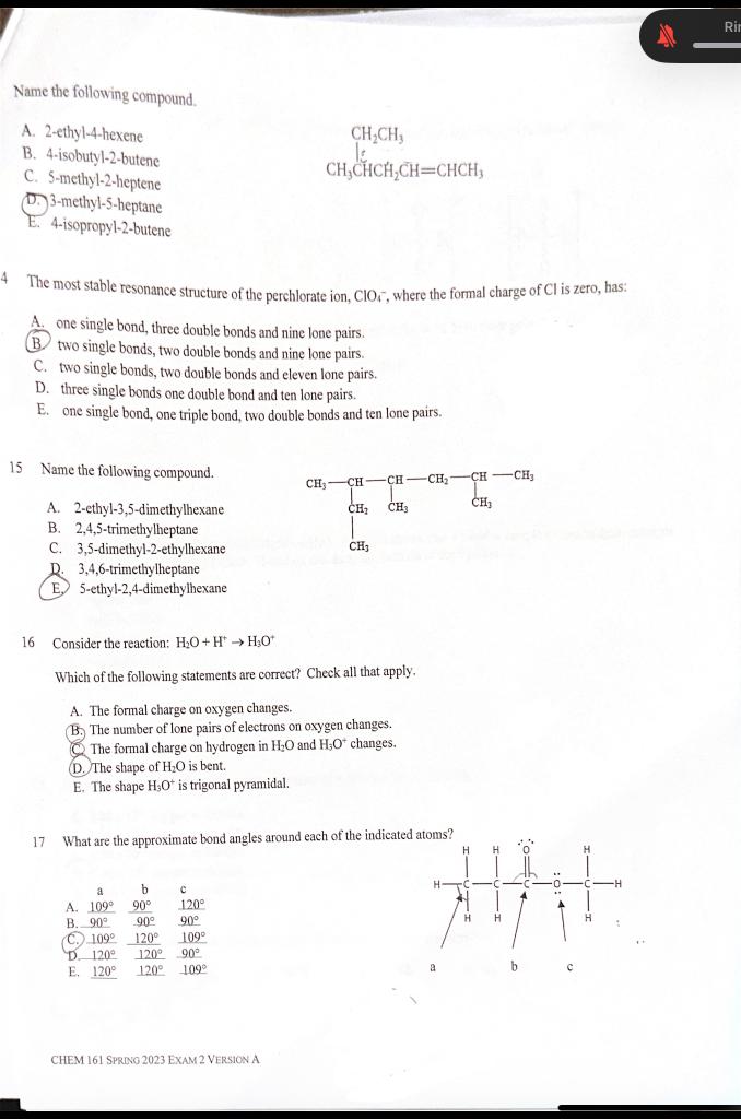 Solved Name the following compound. A. 2-ethyl-4-hexene B. | Chegg.com