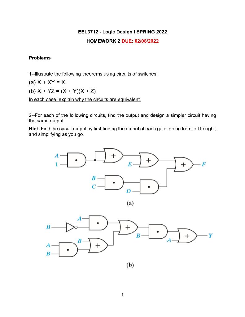 Solved EEL3712 - Logic Design I SPRING 2022 HOMEWORK 2 DUE: | Chegg.com