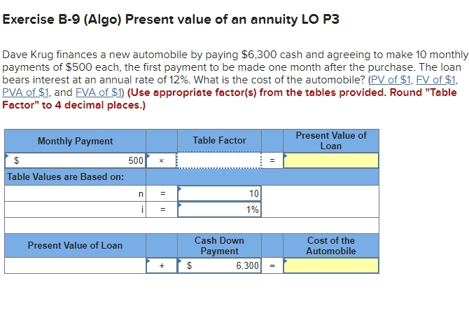 Exercise B-9 (Algo) ﻿Present value of an annuity LO | Chegg.com