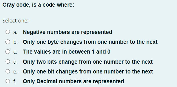 Solved Gray code, is a code where:Select one:a. ﻿Negative | Chegg.com
