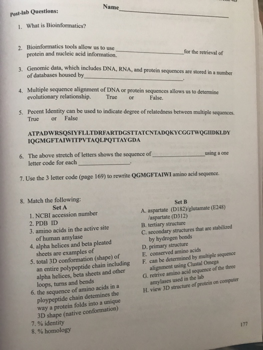 Solved Name Post-lab Questions: 1. What is Bioinformatics? | Chegg.com