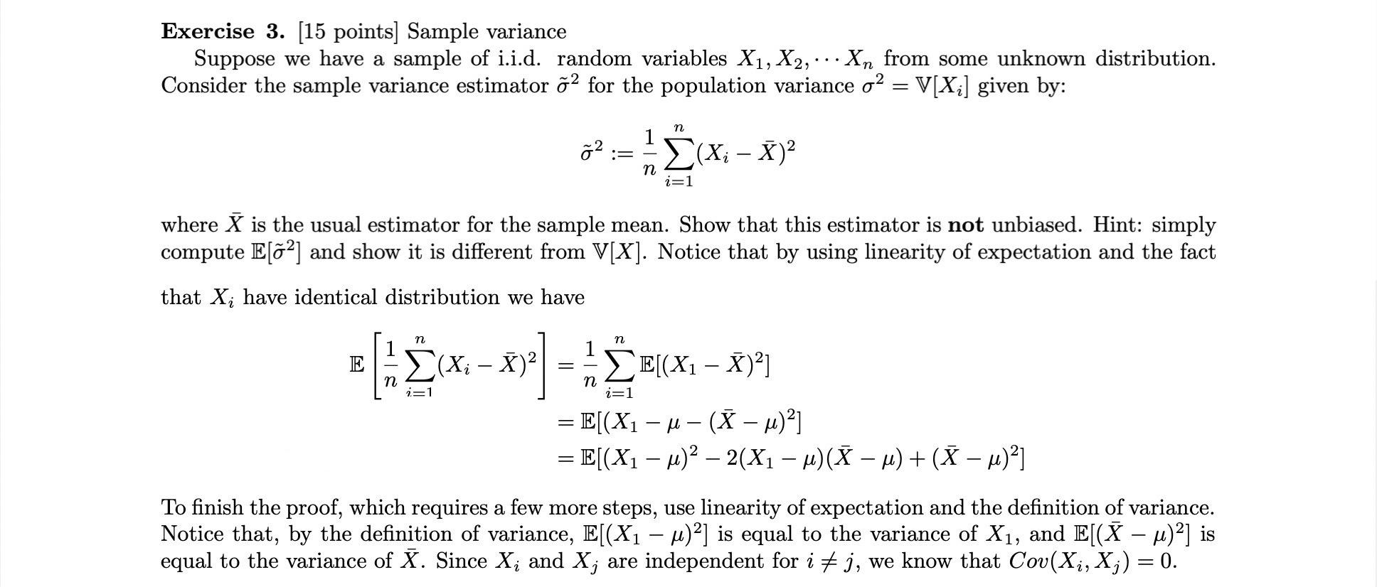 Solved Exercise 3. [15 points] Sample variance Suppose we | Chegg.com