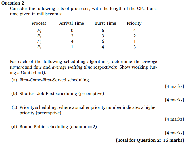 Solved Question 2 Consider the following sets of processes, | Chegg.com