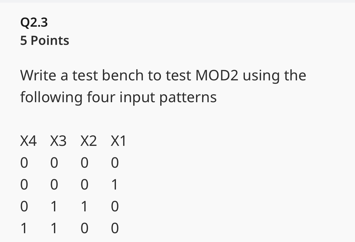 Solved Write a test bench to test MOD2 using the following | Chegg.com