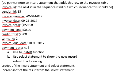 Solved (20 points) write an insert statement that adds this | Chegg.com