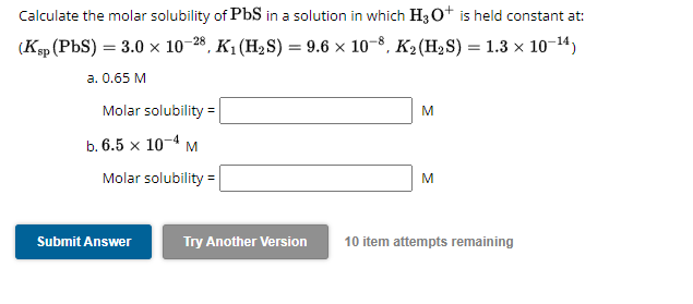 Calculate the molar solubility of PbS ﻿in a solution | Chegg.com