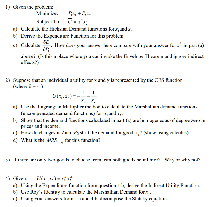 Solved 1) Given the problem: Minimize: Subject To: | Chegg.com