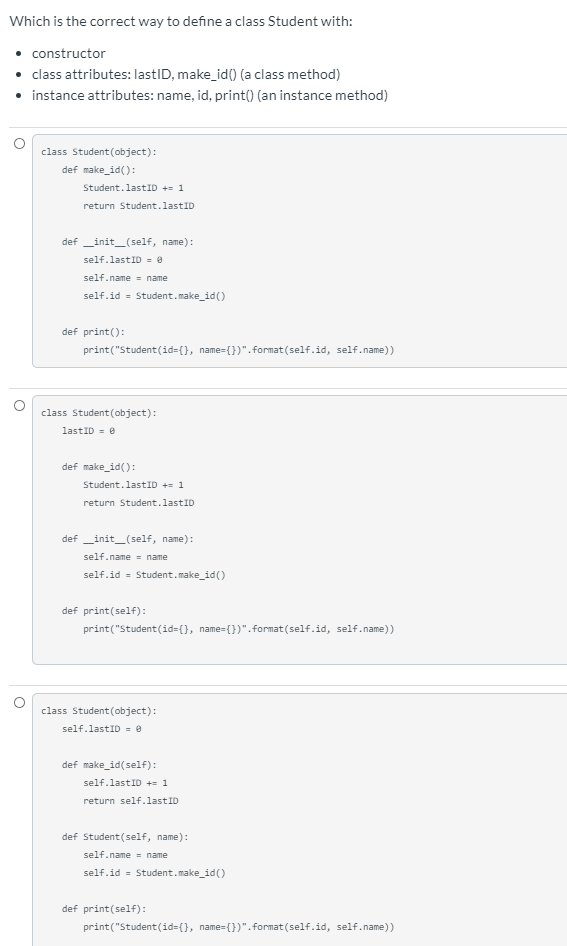 Solved Which is the correct way to define a class Student | Chegg.com