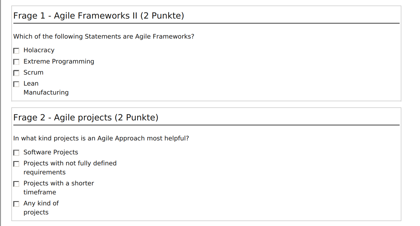 Solved Frage 1 - Agile Frameworks II (2 Punkte) Which of the | Chegg.com