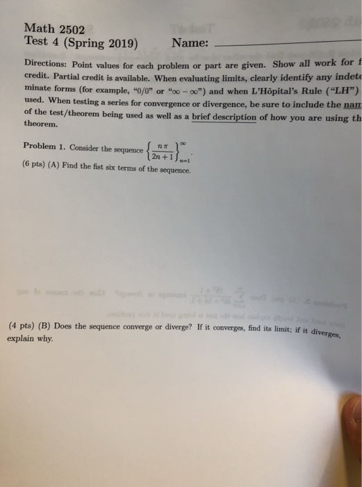 Solved Math 2502 Name: Test 4 (Spring 2019) Directions: | Chegg.com