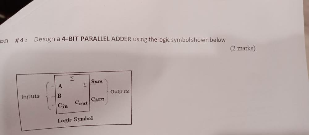 Solved on #4: Design a 4-BIT PARALLEL ADDER using the logic | Chegg.com