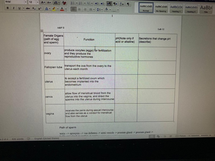 Solved Arial Nermal A&PII Lab 12 Female (path of egg and | Chegg.com