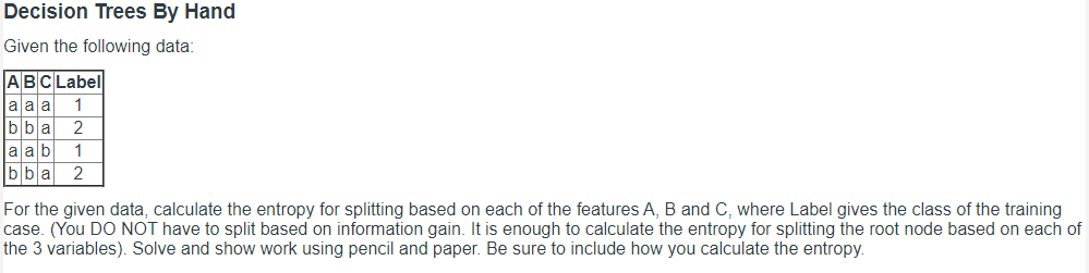 Solved Decision Trees By Hand Given the following data: ABC | Chegg.com