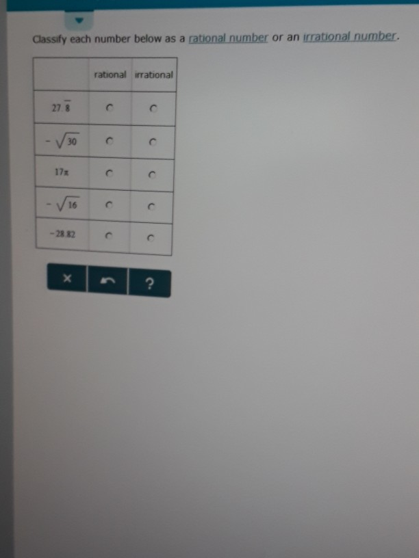 Solved Classify each number below as a rational number or an | Chegg.com