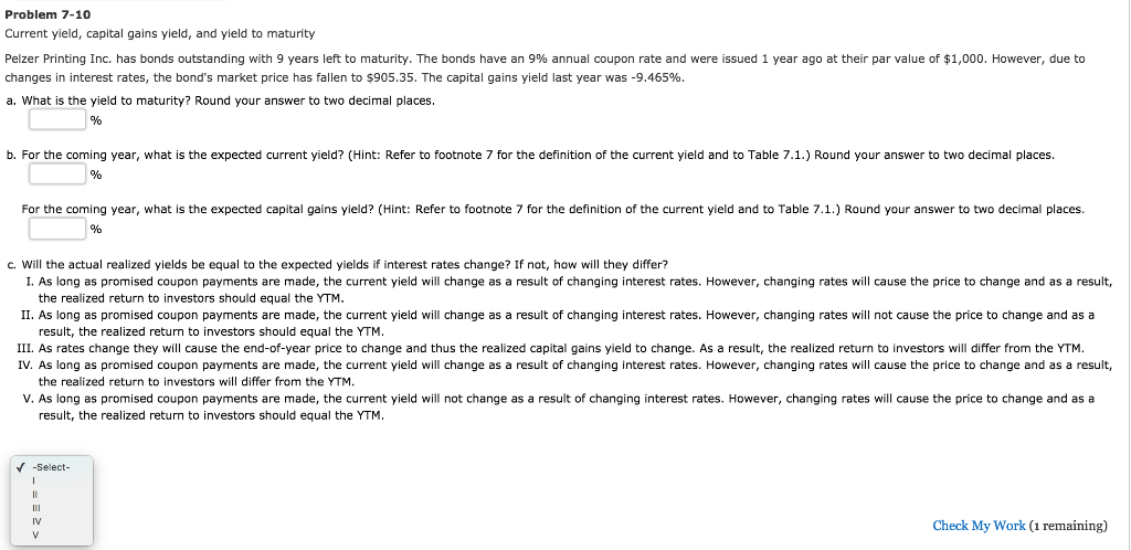 Solved Problem 7-10 Current yield, capital gains yield, and | Chegg.com