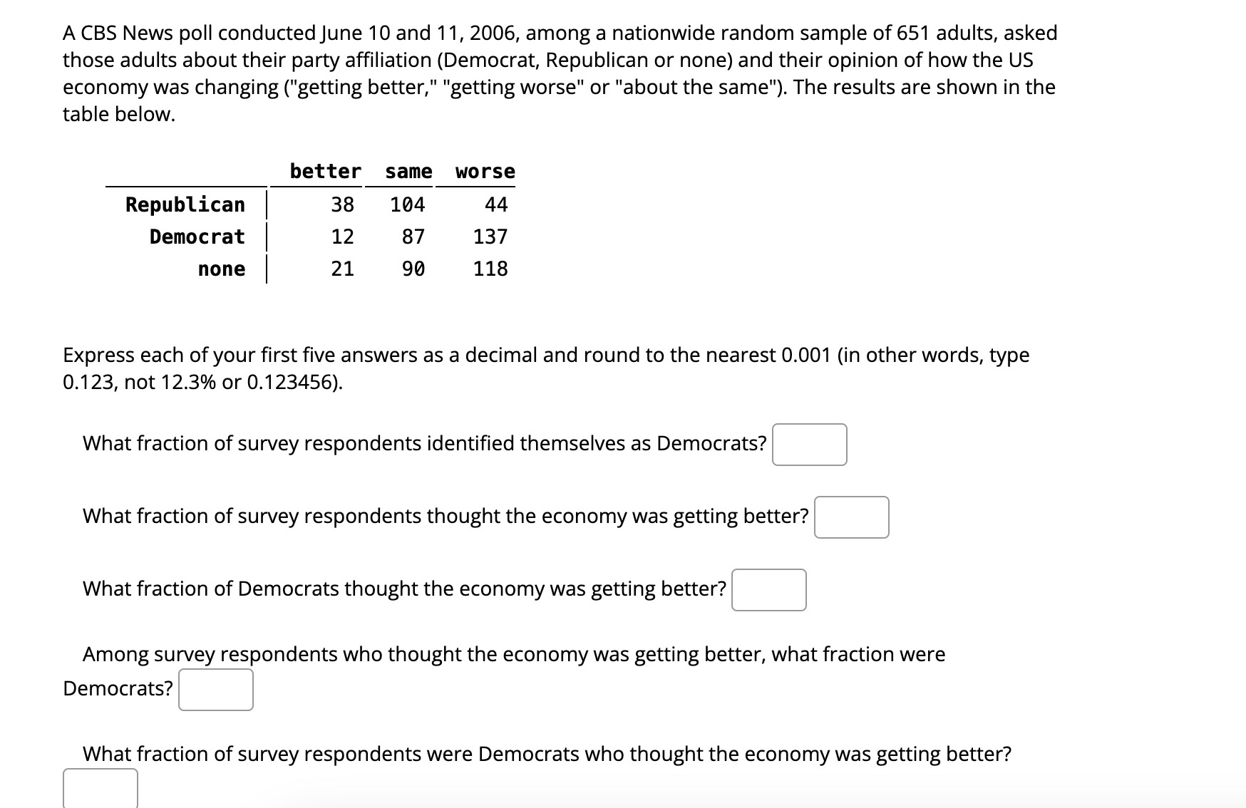 Solved A CBS News poll conducted June 10 and 11, 2006, among | Chegg.com