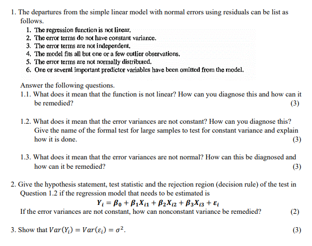 Solved The departures from the simple linear model with | Chegg.com