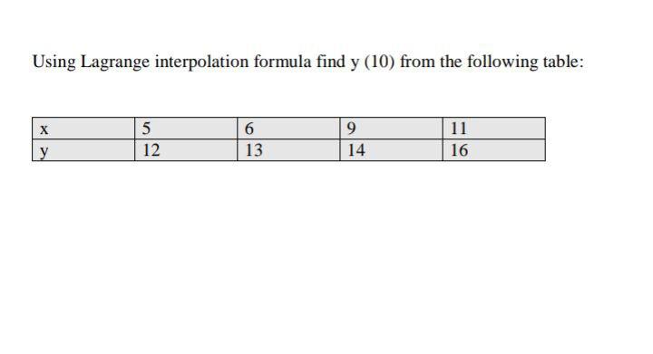 Solved Using Lagrange interpolation formula find y (10) from | Chegg.com