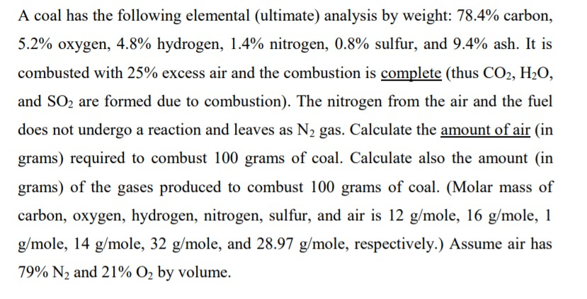 Solved A coal has the following elemental (ultimate) | Chegg.com