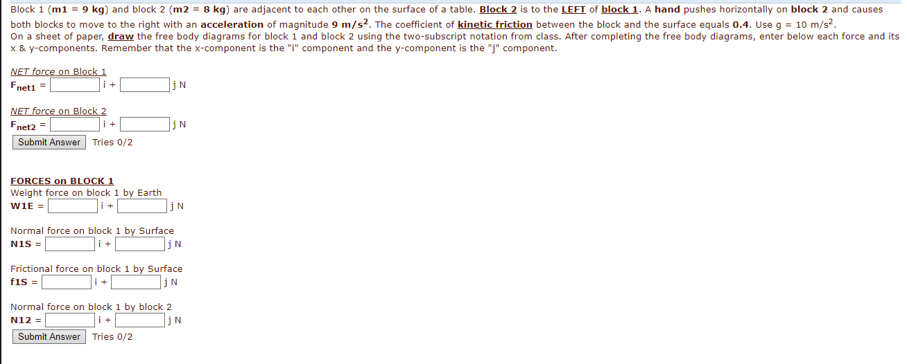 Solved Block 1 (m1 = 9 kg) and block 2 (m2 = 8 kg) are | Chegg.com