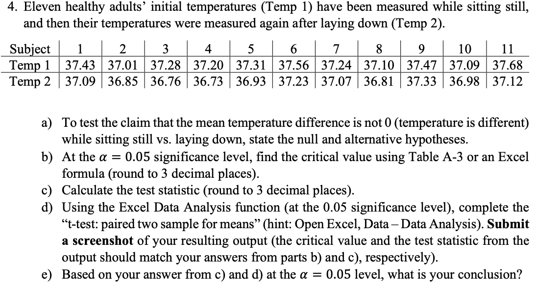 Solved Eleven healthy adults' initial temperatures (Temp 1) | Chegg.com