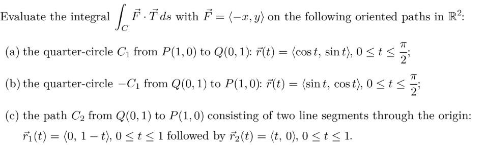 Solved Evaluate the integral ∫CF⋅Tds with F= −x,y on the | Chegg.com