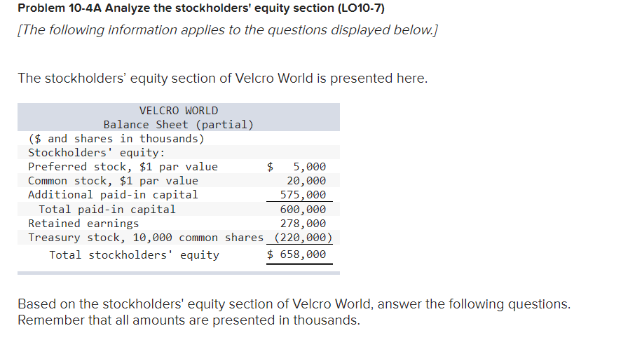 Solved Problem 10-4A Analyze the stockholders' equity | Chegg.com