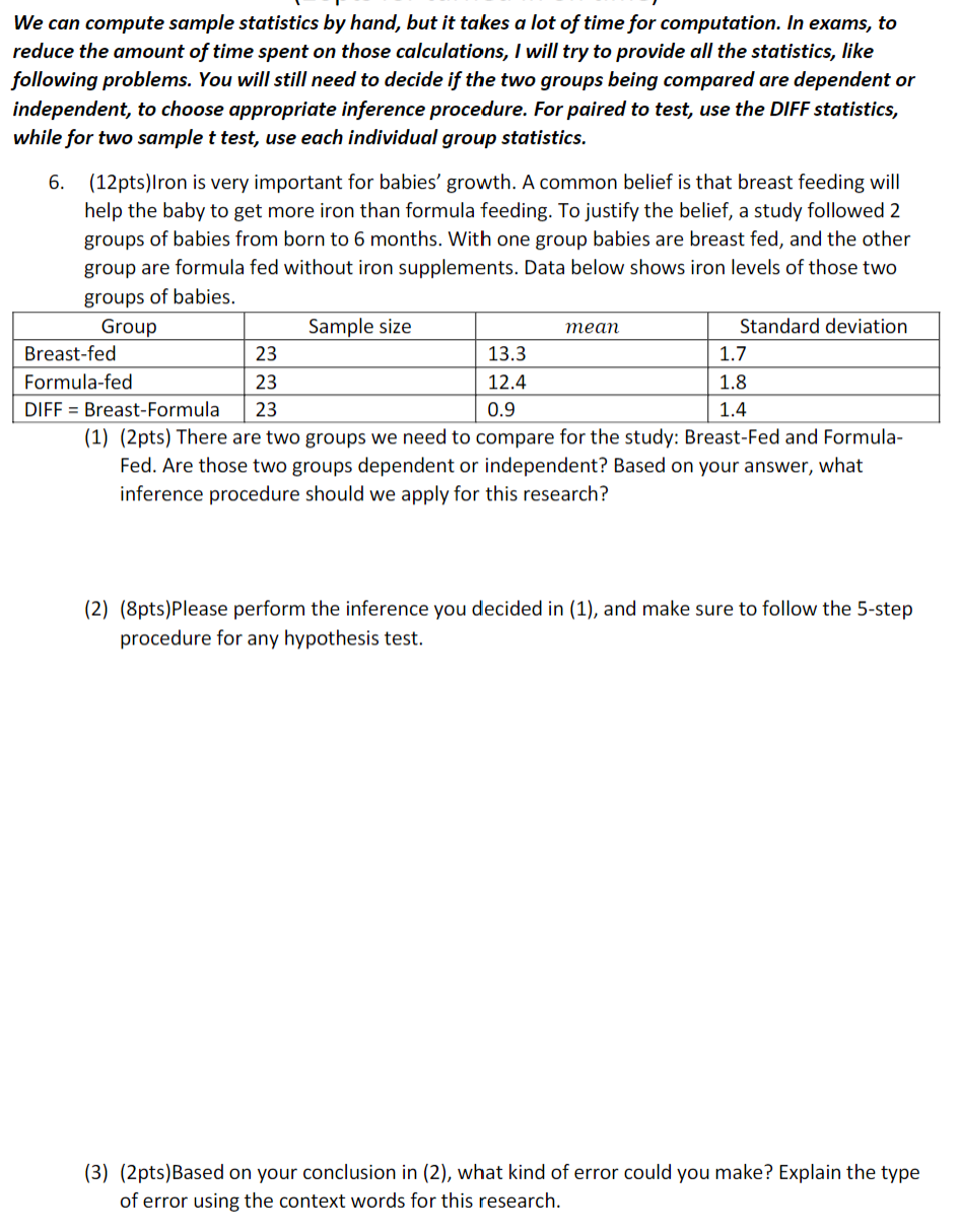 Solved We can compute sample statistics by hand, but it | Chegg.com