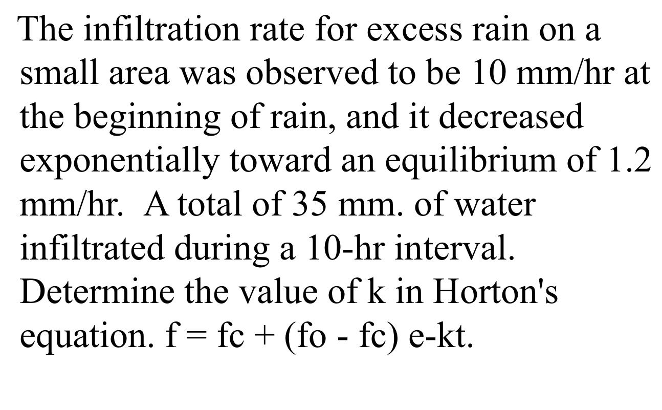 Solved The infiltration rate for excess rain on a small area | Chegg.com