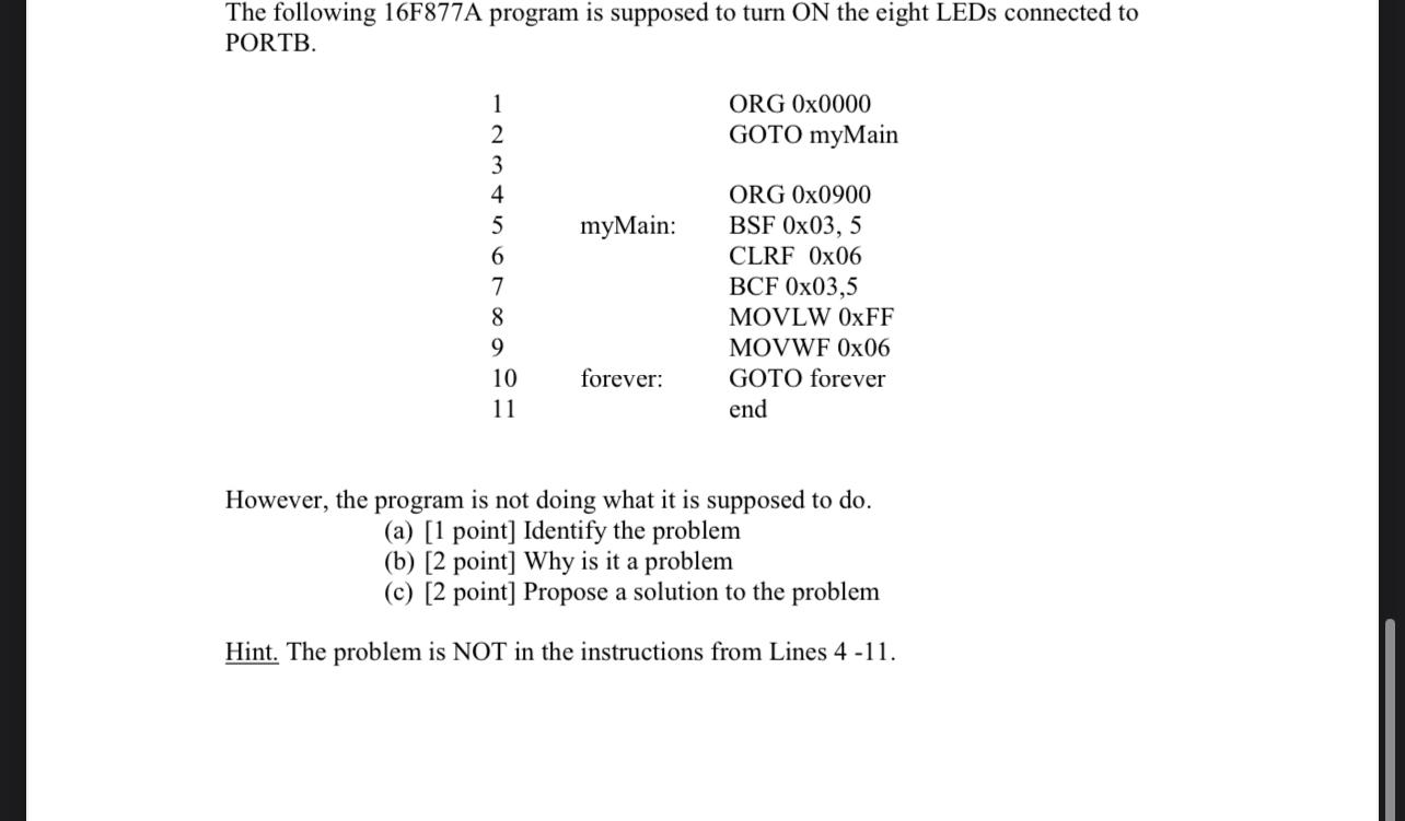 The following 16F877A program is supposed to turn ON | Chegg.com