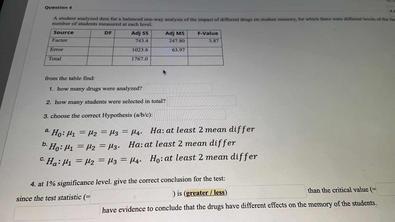 Solved A student analyzed data for a balanced one-way | Chegg.com