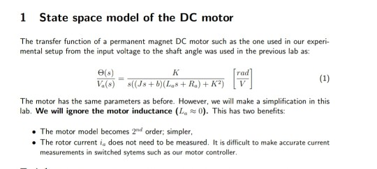 1 State space model of the DC motor The transfer | Chegg.com