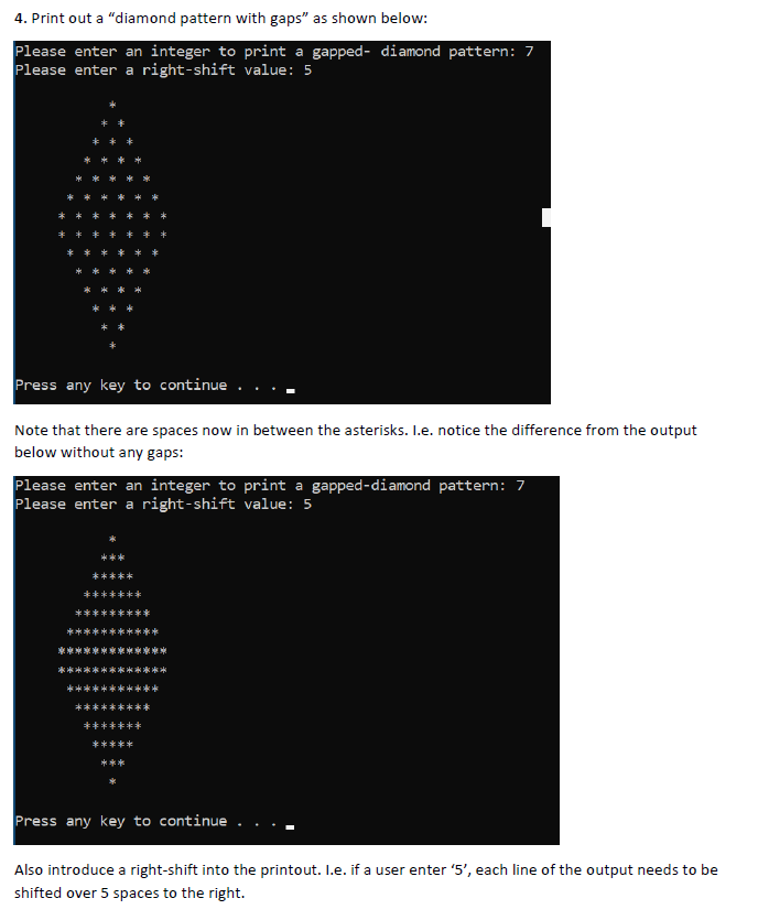 Solved 4. Print out a "diamond pattern with gaps" as shown | Chegg.com