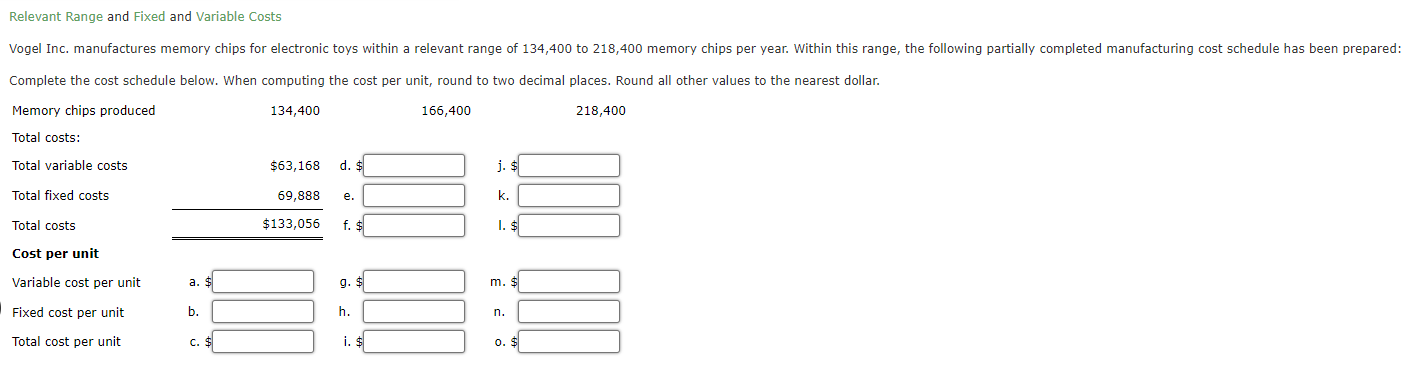 Solved Relevant Range and Fixed and Variable Costs Complete | Chegg.com