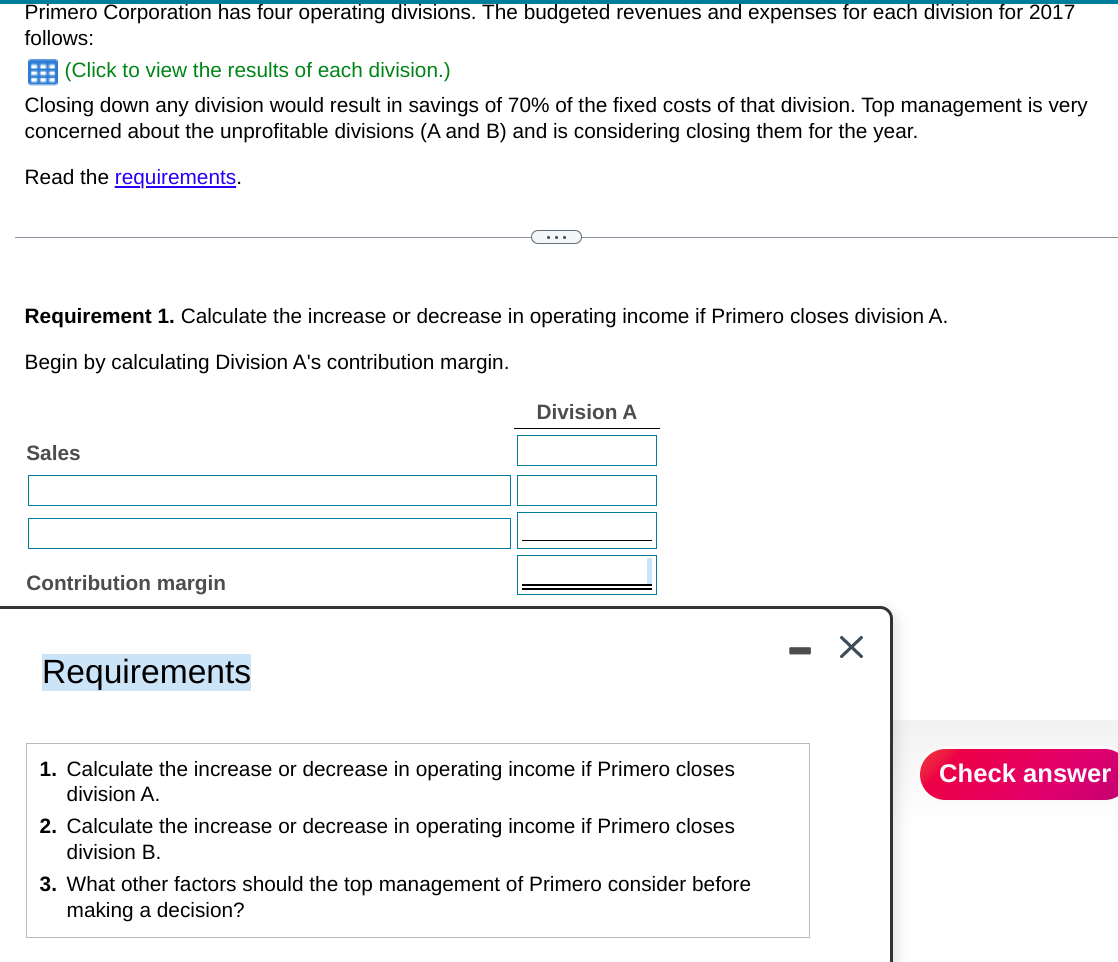 Solved Primero Corporation has four operating divisions. The | Chegg.com